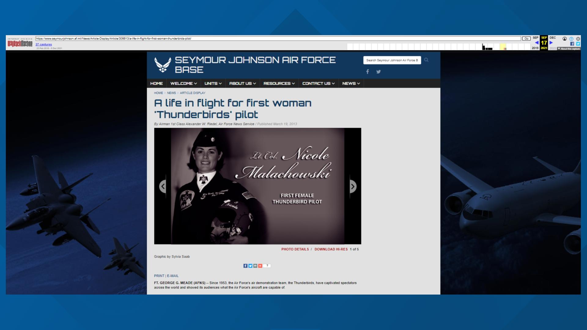 Air Force removes content on first female Thunderbird pilot from website | 11alive.com
