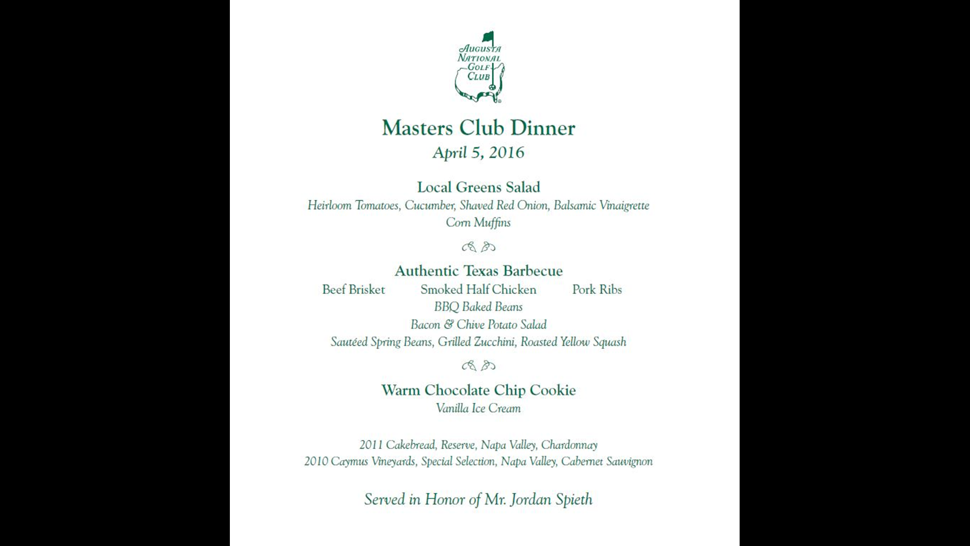 Jordan Spieth's Masters Club Dinner menu | 11alive.com