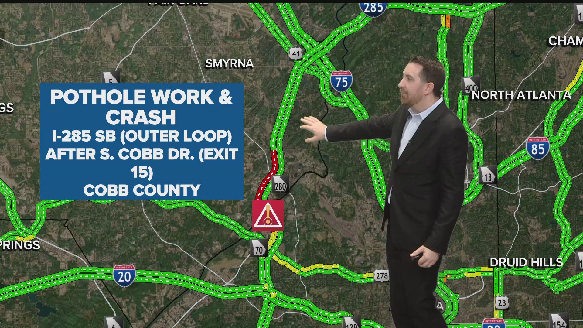 Pothole repair, crash causing delays on I-285 SB in Cobb County ...