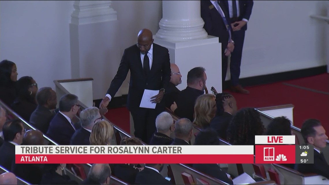 Sen. Rev. Raphael Warnock arrives to Rosalynn Carter's memorial service ...