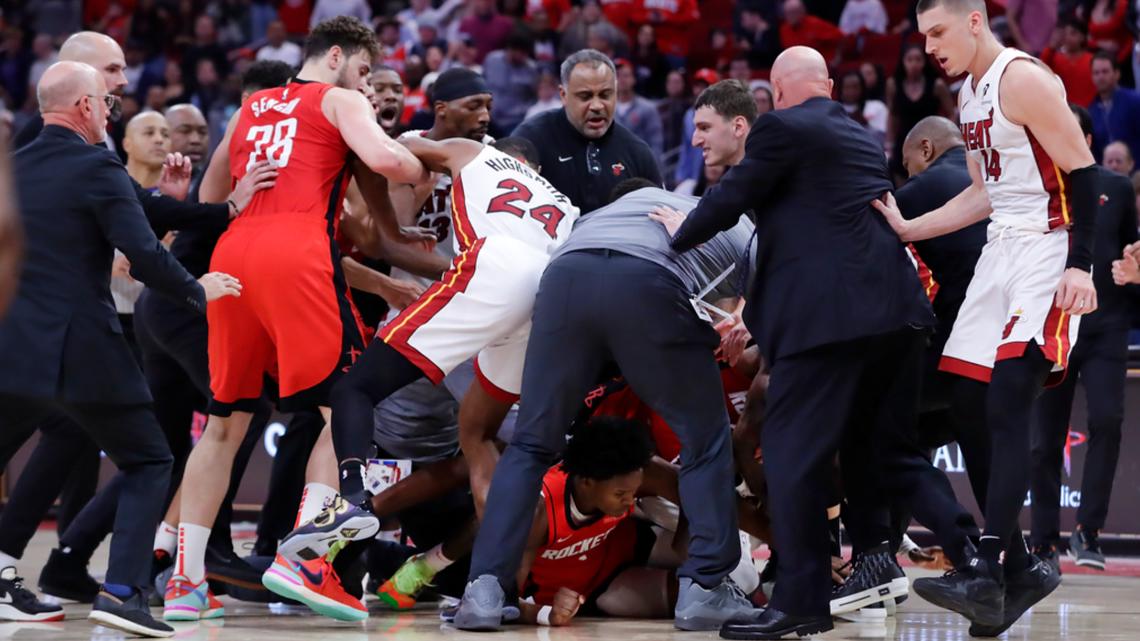Miami Heat vs Houston Rockets ends in brawl between Tyler Herro, Amen ...