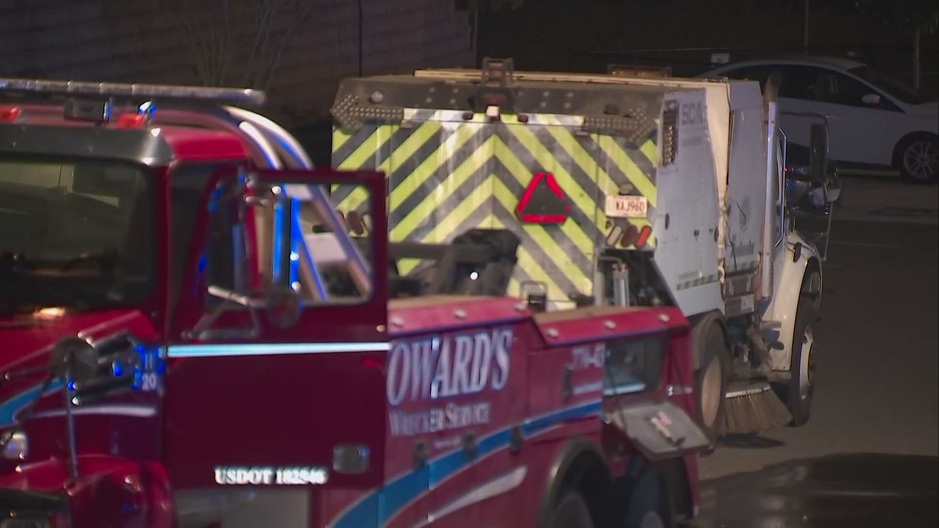 Street sweeper gets away from tow truck, damages cars and water line in ...