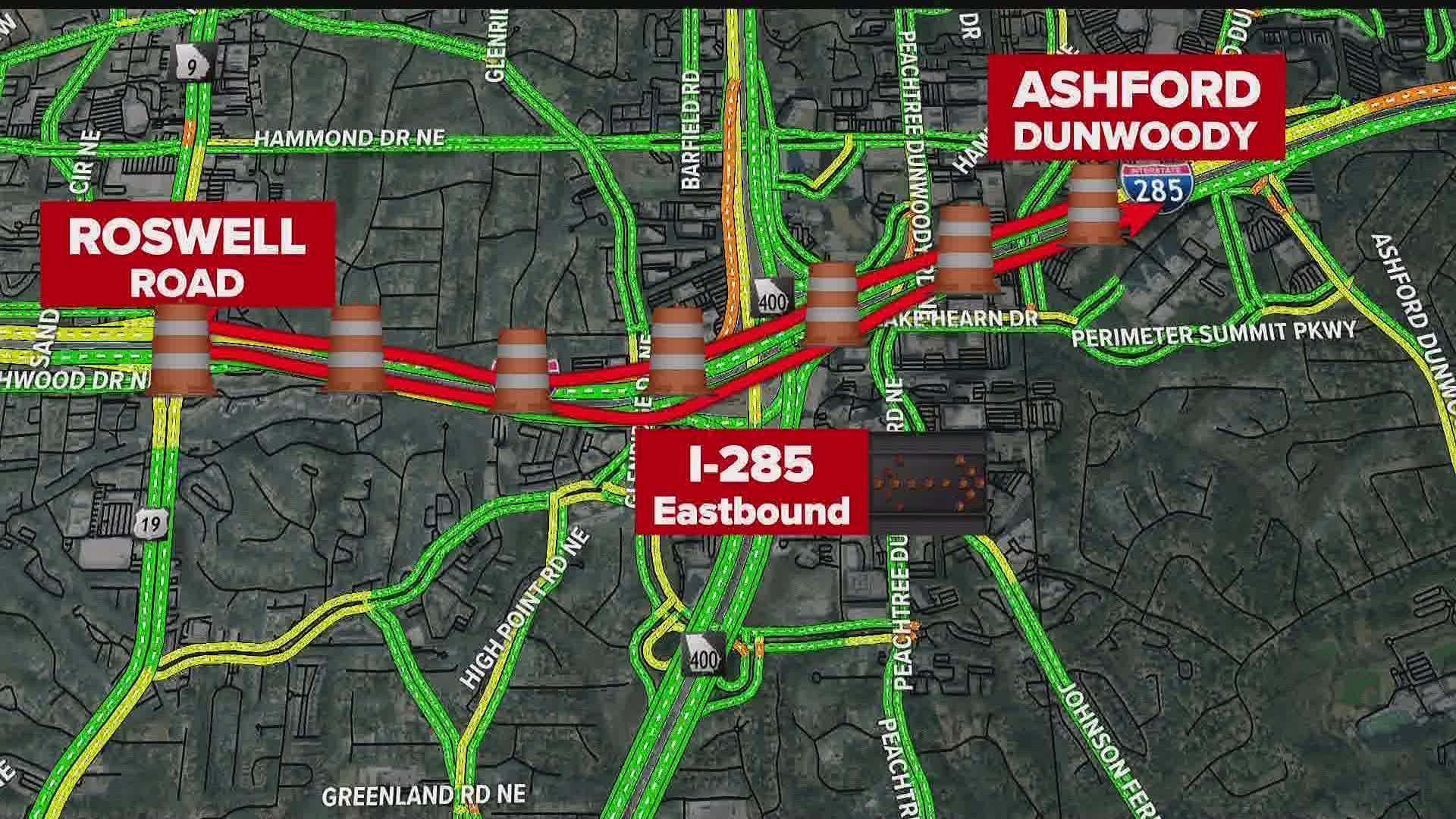 I-285 eastbound lane reduction by Roswell Road | Detours | 11alive.com
