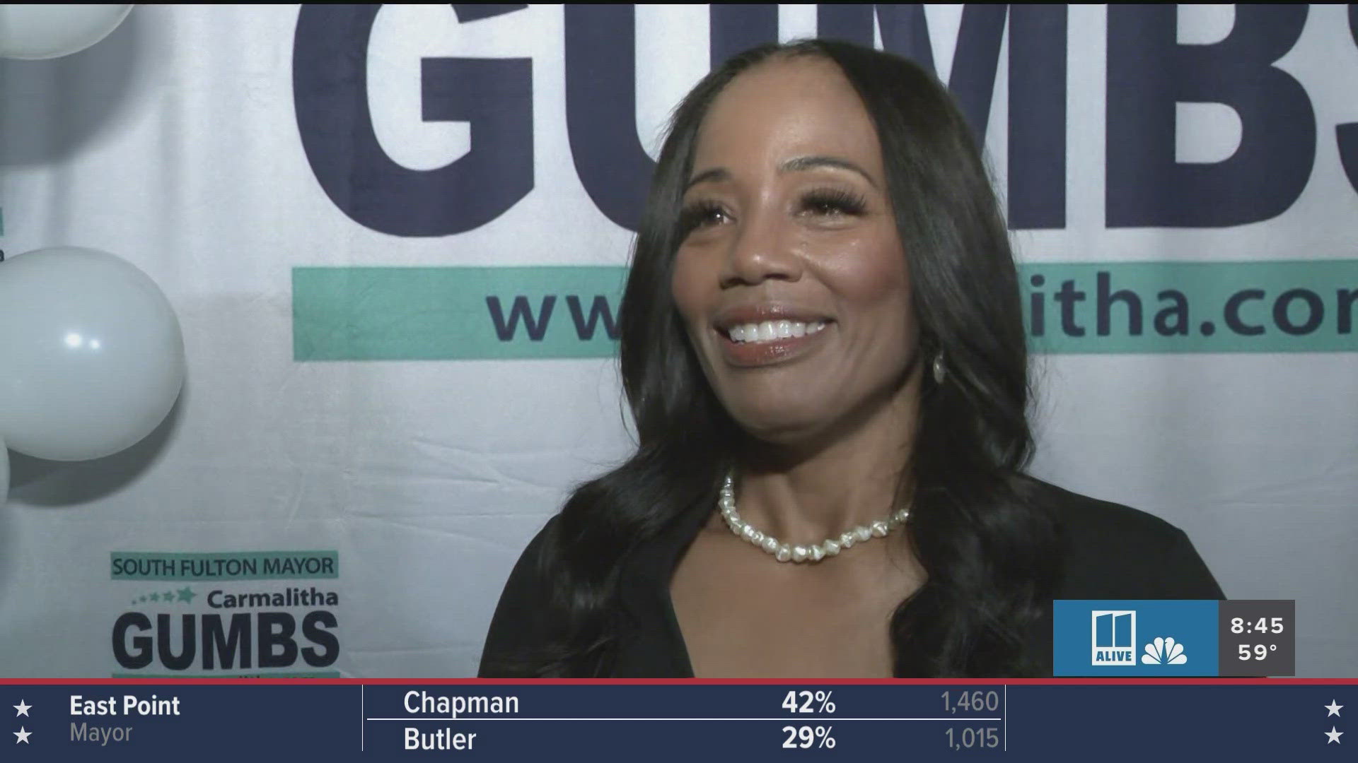 Front-runner Carmalitha Gumbs reacts to early results in the race for ...