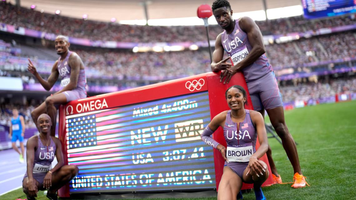 USA mixed relay team world record at Paris Olympics | 11alive.com