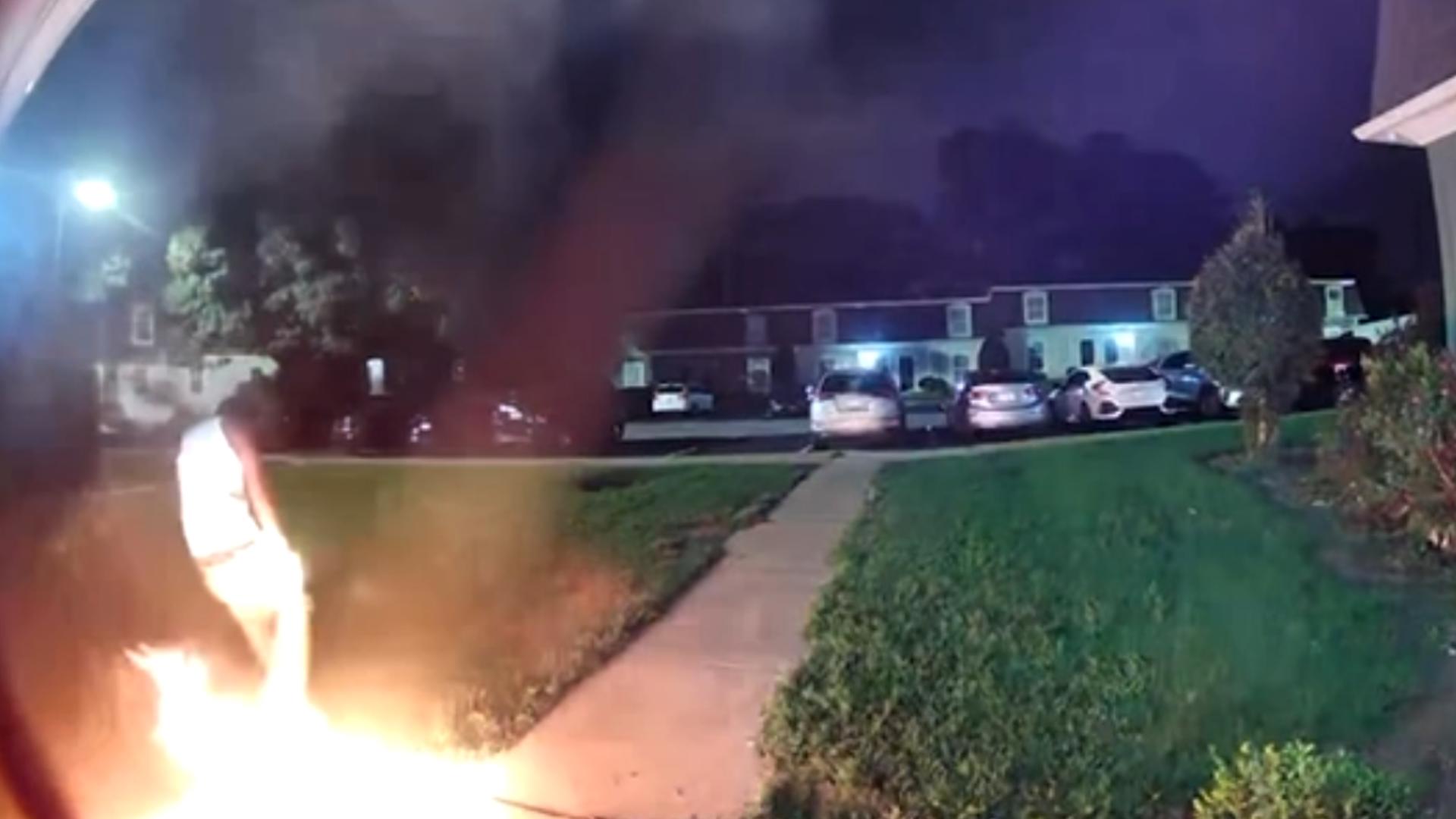 Neighbor's doorbell video shows moment suspected arson fire broke out ...