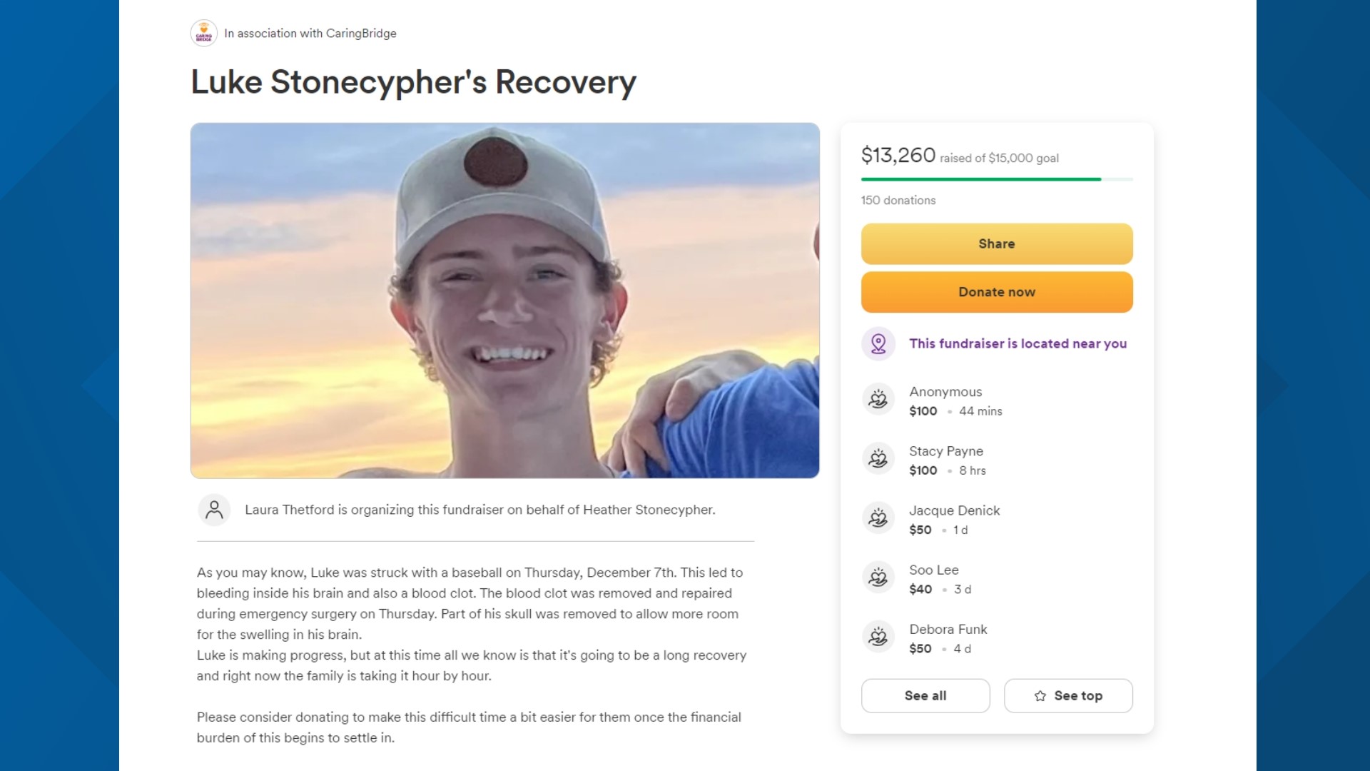 Mill Creek High Luke Stonecypher recovering after head injury | 11alive.com