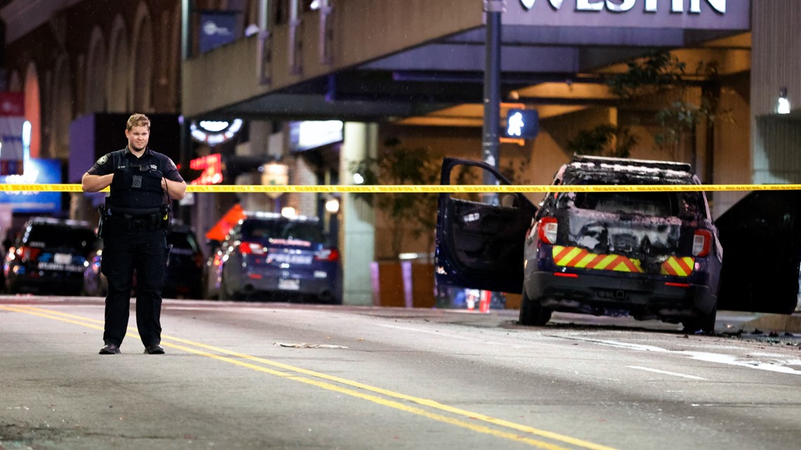 Protests in downtown Atlanta over 'Cop City' | Police car on fire ...